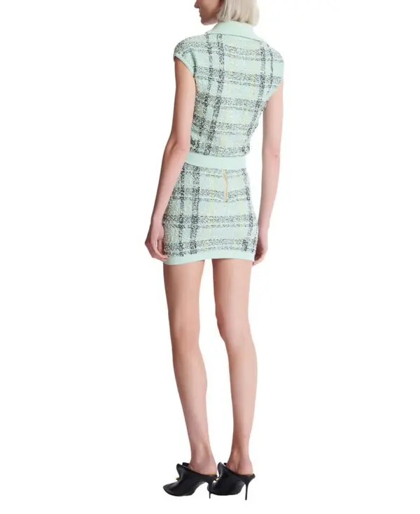 Balmain Sleeveless Plaid Tweed Top With Zip-up Collar