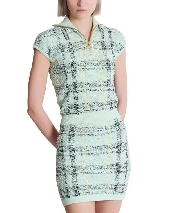 Balmain Sleeveless Plaid Tweed Top With Zip-up Collar