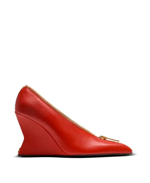 Balmain Zip Wedge Pumps In Lambskin Leather - Red