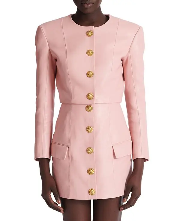 Balmain Cropped Lambskin Jacket With Button Details - Pink