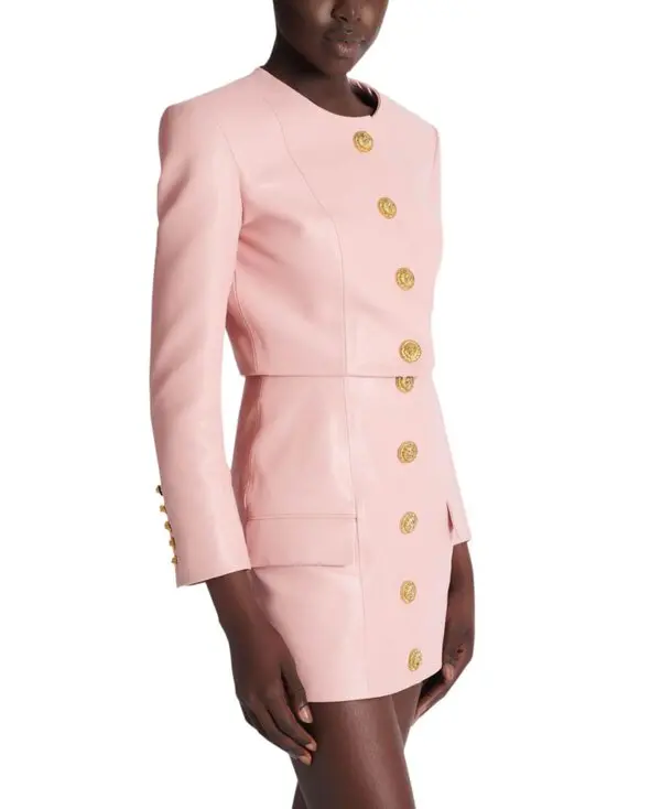 Balmain Cropped Lambskin Jacket With Button Details - Pink