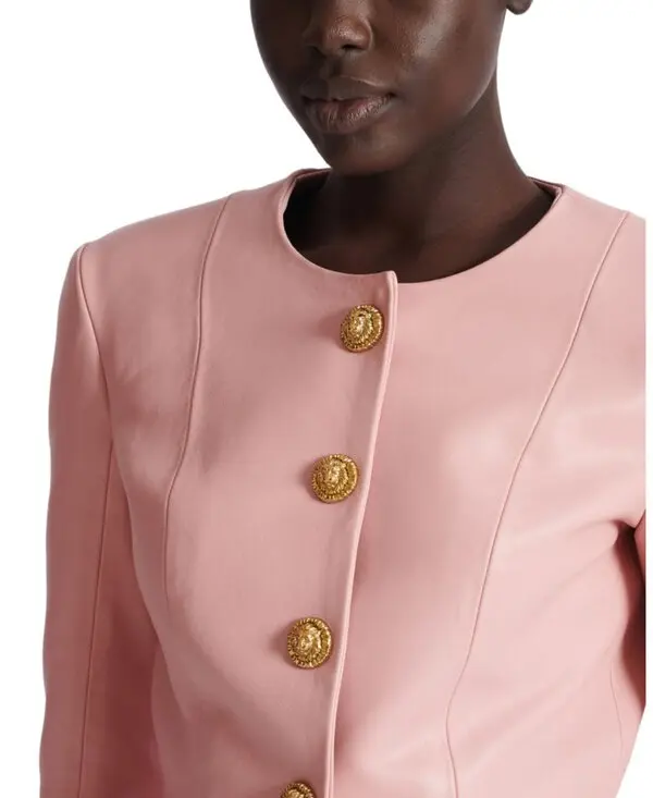 Balmain Cropped Lambskin Jacket With Button Details - Pink