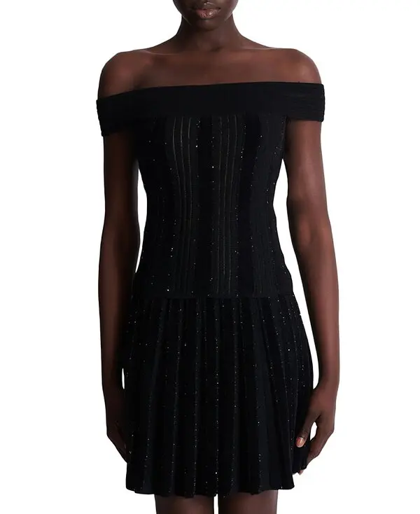 Balmain Off-the-shoulder Glitter Knit Top - Black