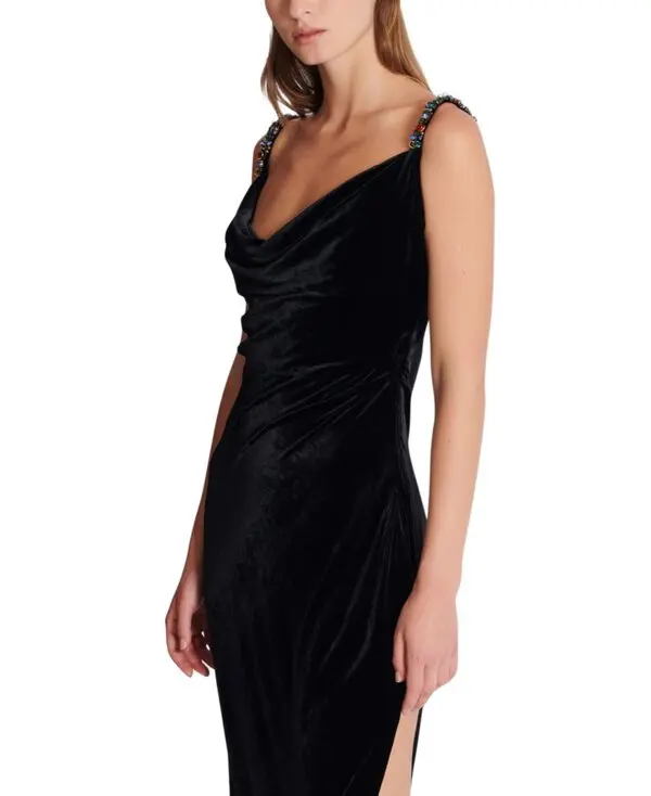 Balmain Long Velvet Dress With Embellished Straps