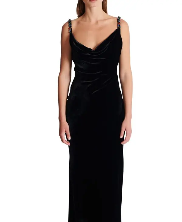 Balmain Long Velvet Dress With Embellished Straps