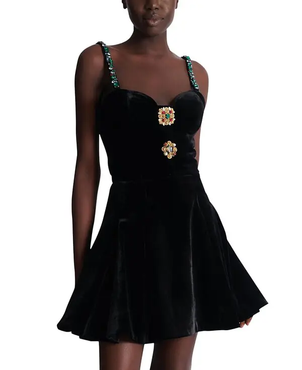Balmain Embellished Strappy Velvet Mini Dress - Black