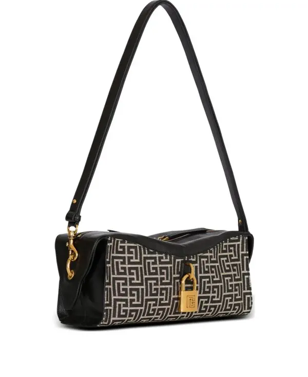 Balmain Pulse Shoulder Bag In Monogram Jacquard And Calfskin - Black