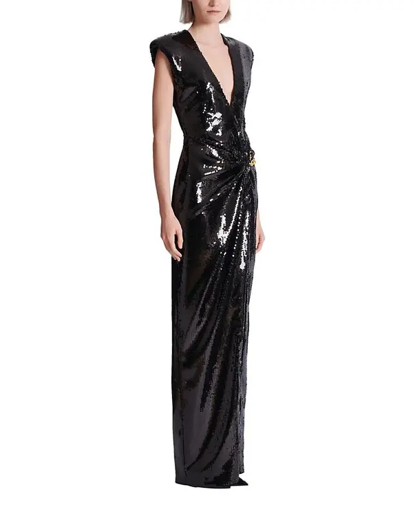 Balmain Long Draped Sequin Dress - Black