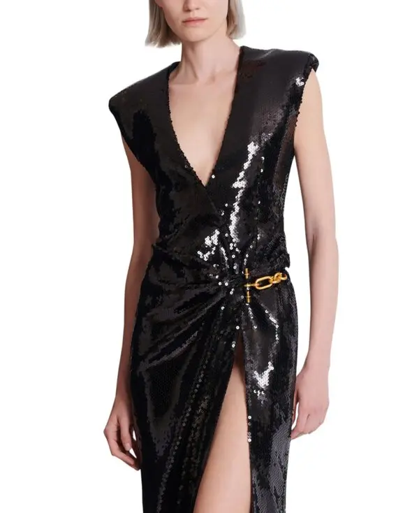 Balmain Long Draped Sequin Dress