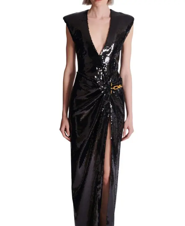 Balmain Long Draped Sequin Dress