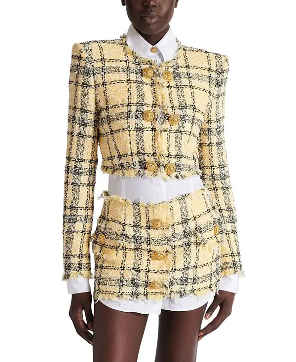Balmain Cropped Glitter Tweed Jacket - Yellow