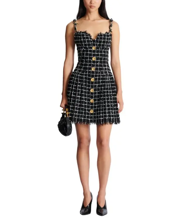 Balmain Tweed Dress With Chain Straps - Black