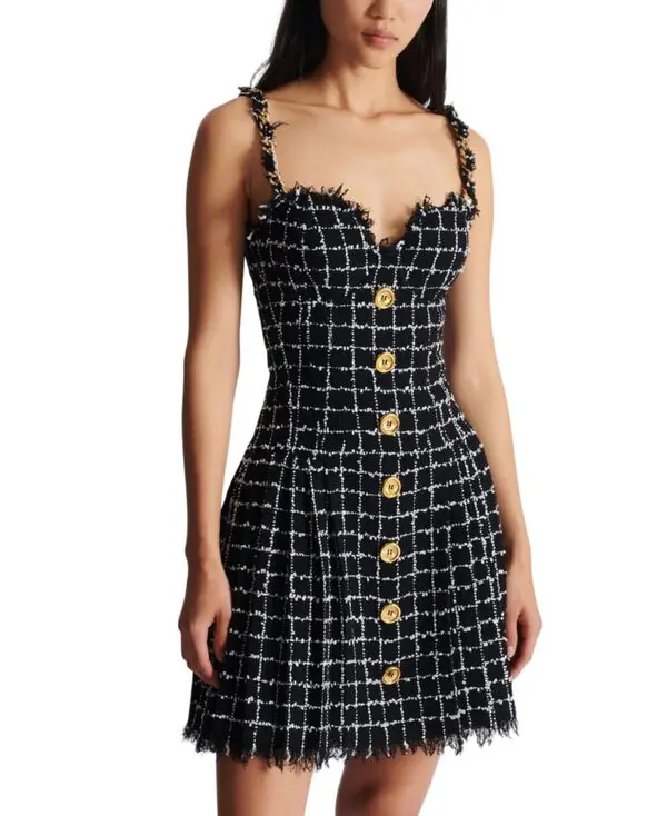 Balmain Tweed Dress With Chain Straps - Black