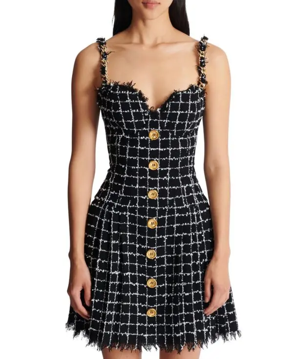 Balmain Tweed Dress With Chain Straps - Black