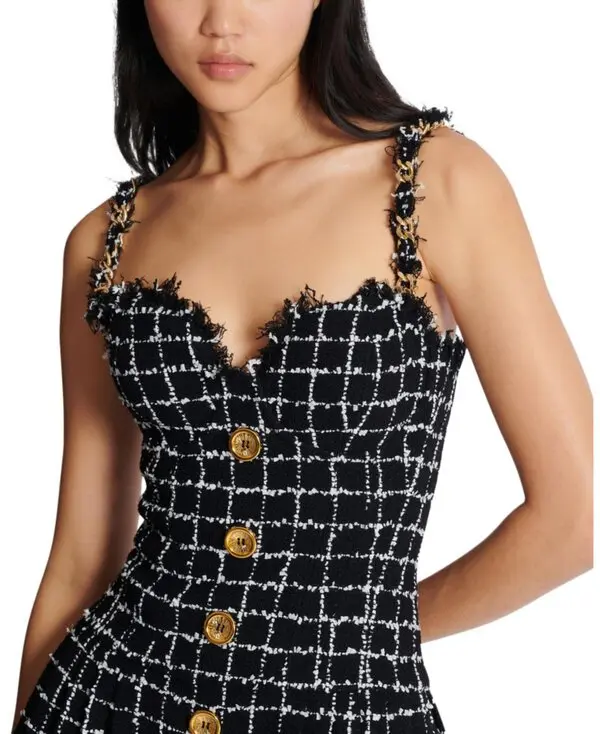 Balmain Tweed Dress With Chain Straps - Black