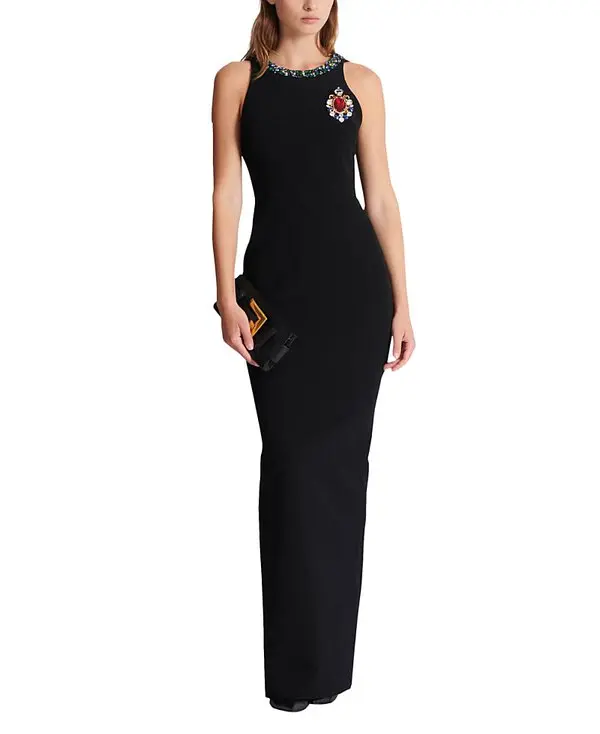 Balmain Long Sleeveless Embroidered Velvet Dress - Black