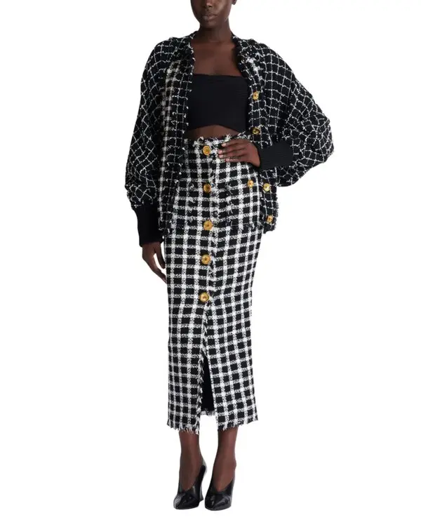 Balmain Gingham Tweed Midi Skirt