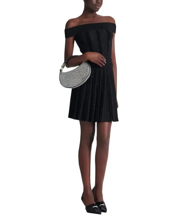 Balmain Pleated Glitter Knit Off-the-shoulder Mini Dress