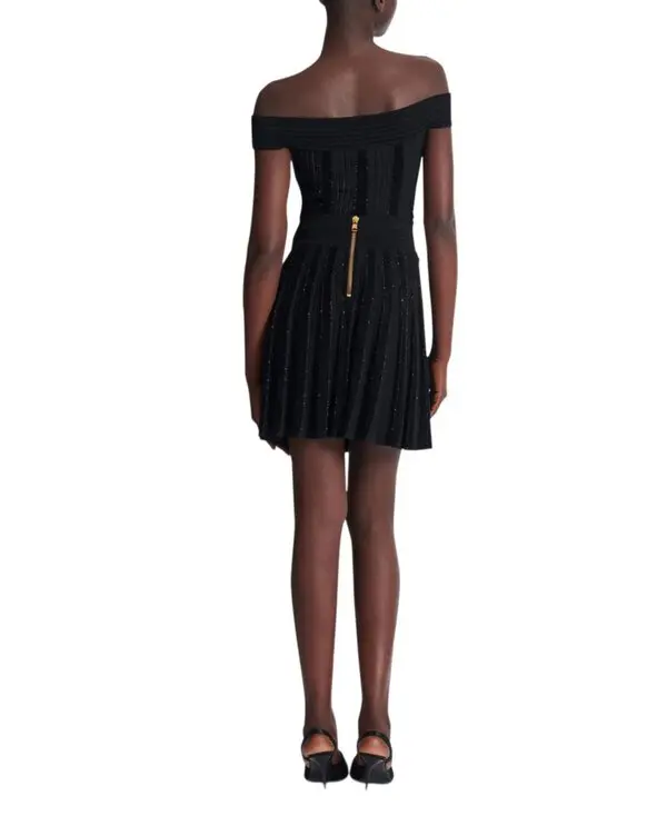 Balmain Pleated Glitter Knit Off-the-shoulder Mini Dress