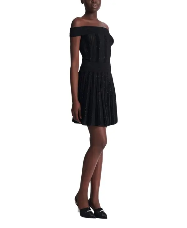 Balmain Pleated Glitter Knit Off-the-shoulder Mini Dress