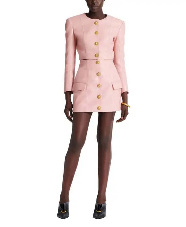 Balmain Short Lambskin Skirt With Button Detail - Pink
