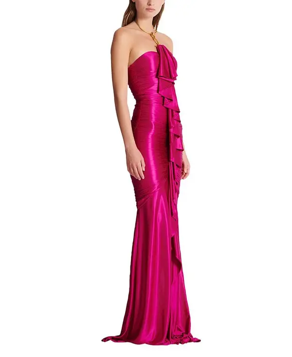 Balmain Long Draped Bustier Gown With Embellished Detail - Pink