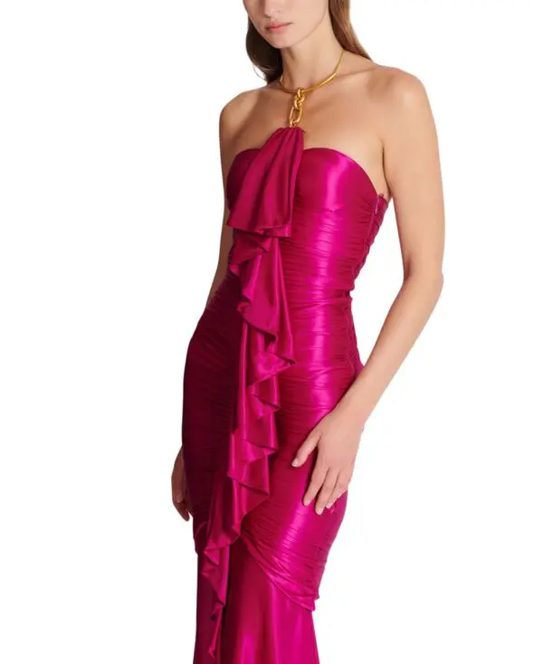 Balmain Long Draped Bustier Gown With Embellished Detail