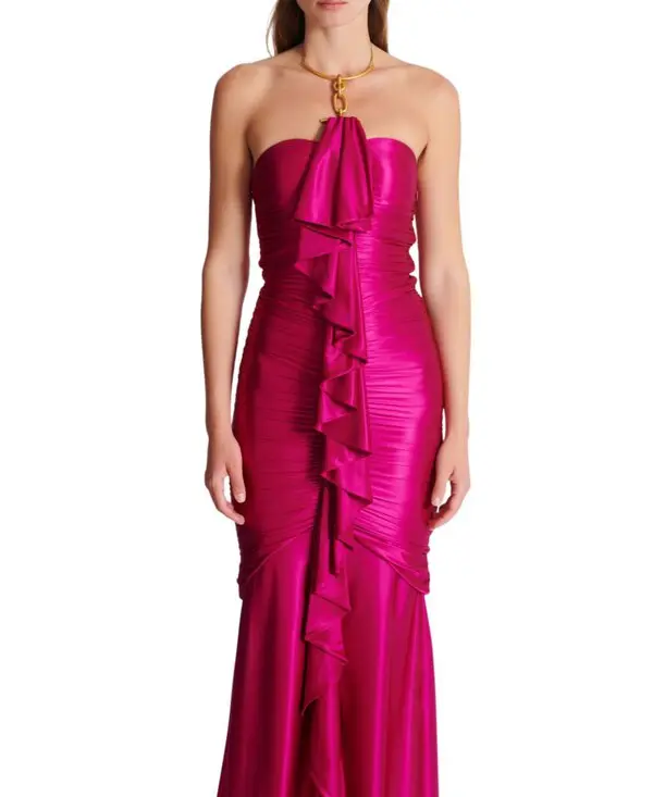 Balmain Long Draped Bustier Gown With Embellished Detail