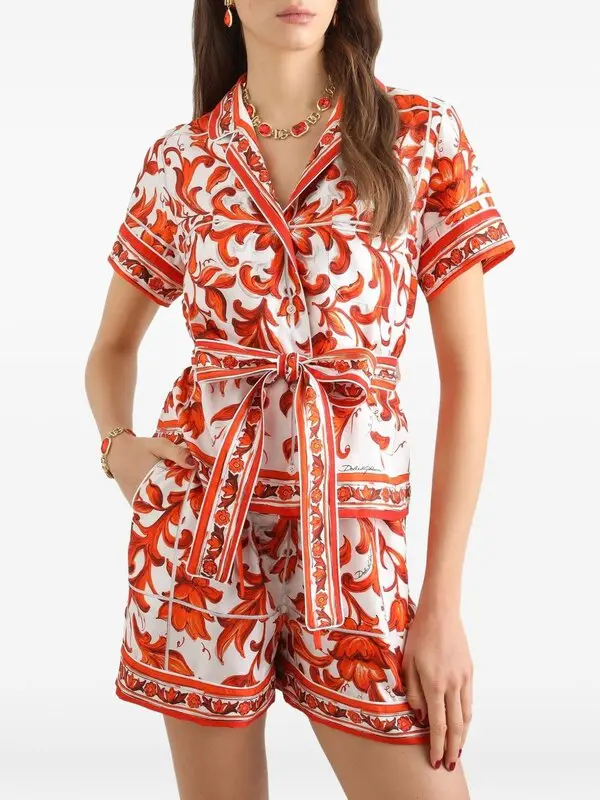Dolce & Gabbana Maiolica Print Silk Short Sleeve Shirt