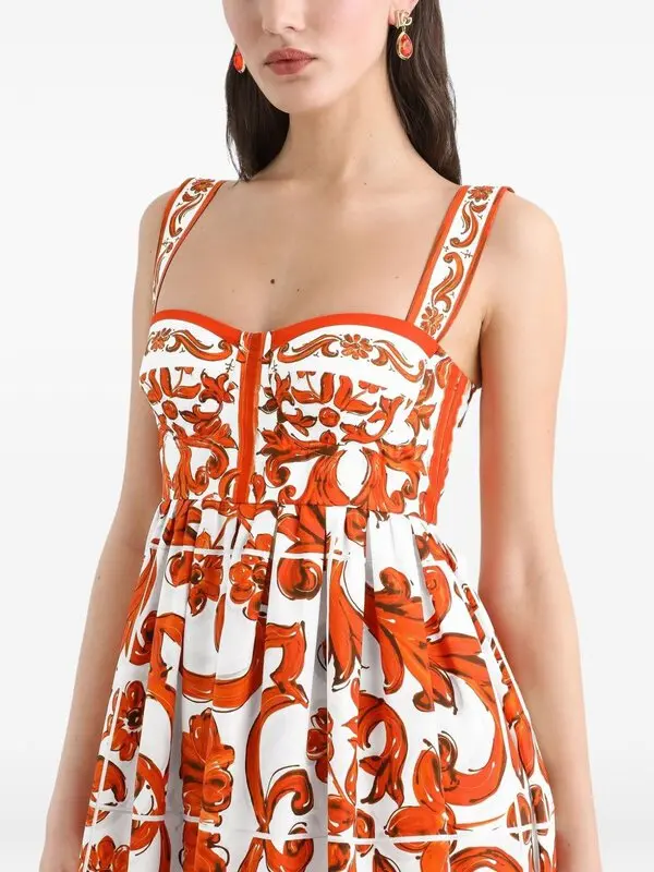 Dolce & Gabbana Maiolica Print Cotton Mini Dress - Orange