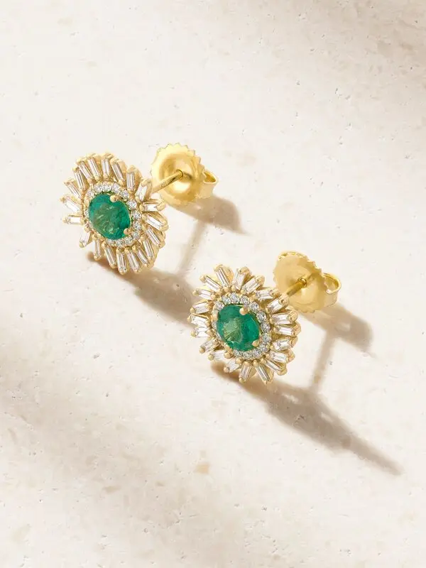 SUZANNE KALAN 18k Gold Emerald And Diamond Earrings - Green
