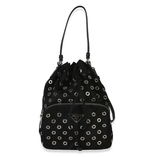 Prada Tessuto Nylon Saffiano Grommet Bucket Bag - Black