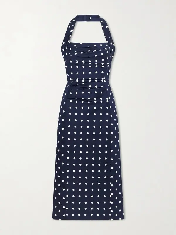 Carolina Herrera Halted-neck Polka-dot Cotton-blend Twill Midi Dress - Blue