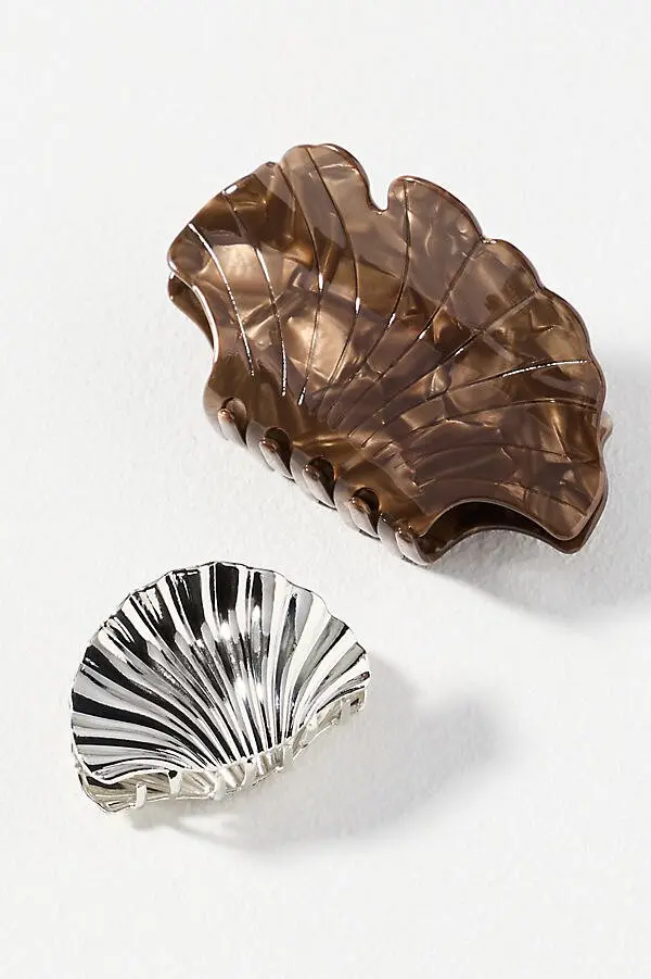 Anthropologie Res And Metal Shell Hair Claw Clips, Set Of 2 - Silver