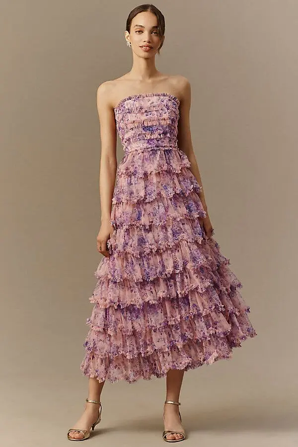 Mac Duggal Strapless Mesh Midi Dress