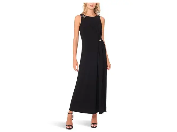 Vince Camuto Crew Neck Gathered Twist Maxi W/ Gold Trim Ring Dress Rich - Black