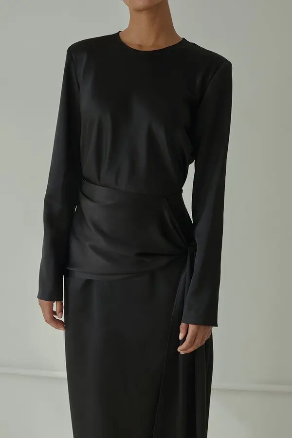 HEIRLOME Ruth Top Double Face Silk Satin Crew Neck Long Sleeve Top - Black