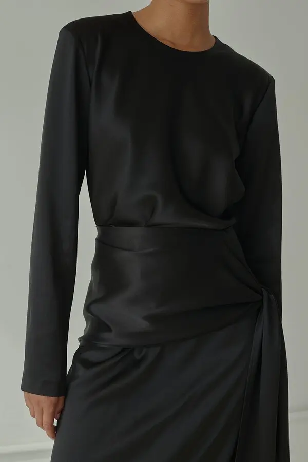 HEIRLOME Ruth Top Double Face Silk Satin Crew Neck Long Sleeve Top