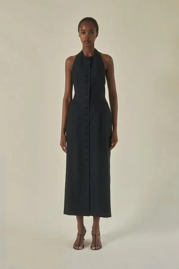 HEIRLOME Sarah Halterneck Midi Dress In Italian Silk And Wool Faille