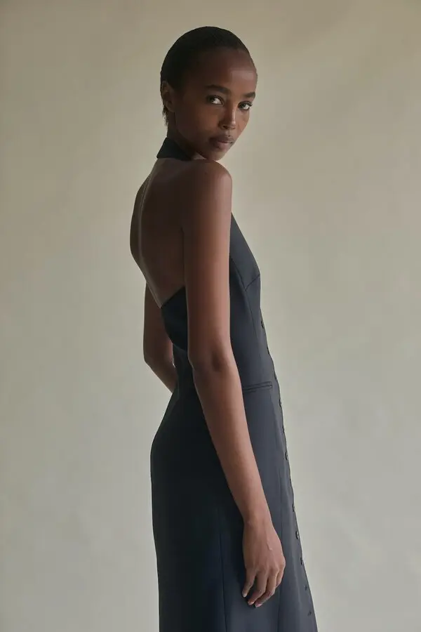 HEIRLOME Sarah Halterneck Midi Dress In Italian Silk And Wool Faille