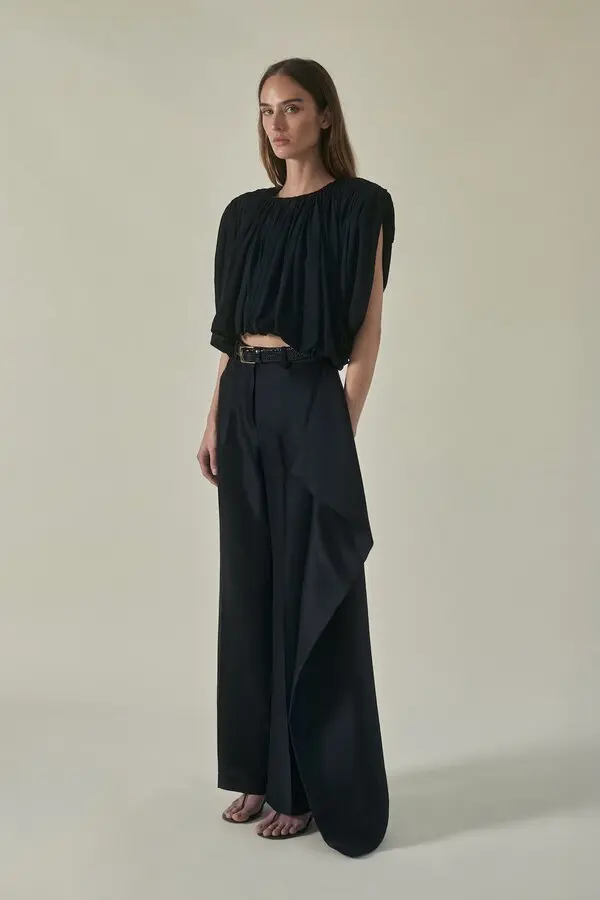 HEIRLOME Rickie Asymmetrical Draped Wide Leg Trousers - Black