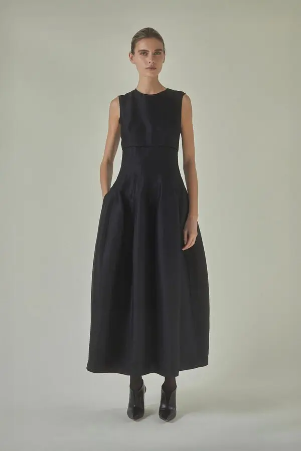 HEIRLOME Estefania Corseted Silk Shantung A-line Midi Dress - Black
