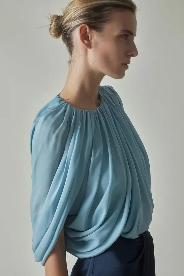 HEIRLOME Asymmetrical Draped Silk Top - Sky