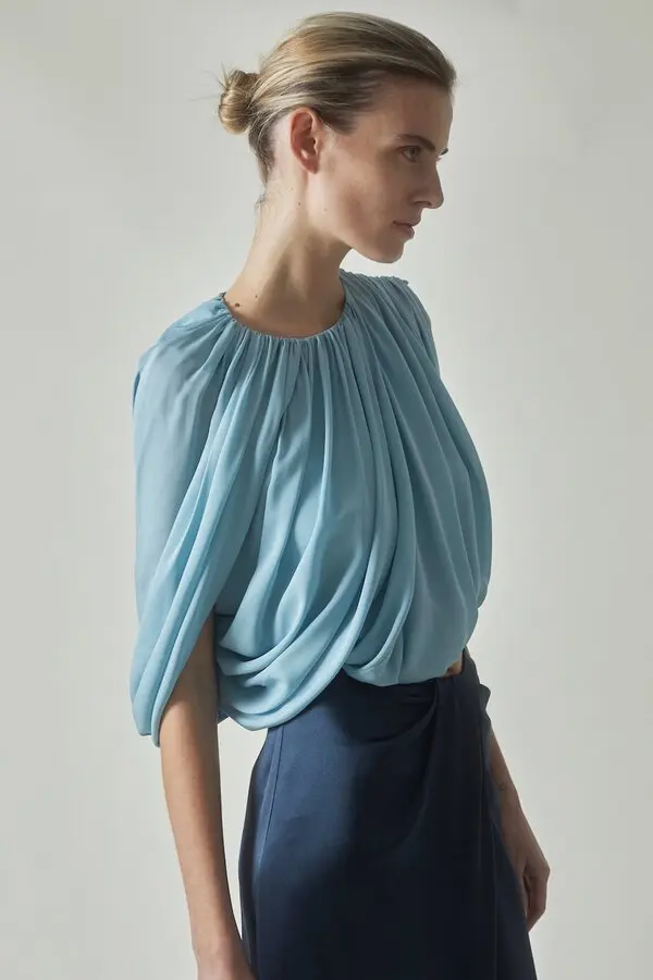 HEIRLOME Asymmetrical Draped Silk Top - Sky