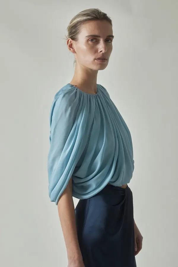 HEIRLOME Asymmetrical Draped Silk Top - Sky