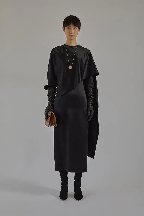 HEIRLOME Carmen Dress In Silk Satin With Asymmetrical Cape - Black