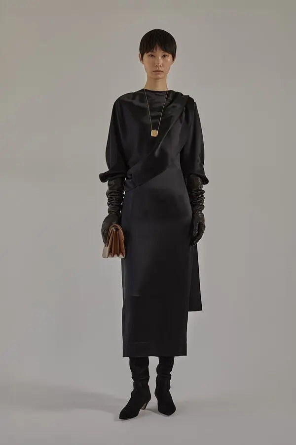 HEIRLOME Carmen Dress In Silk Satin With Asymmetrical Cape