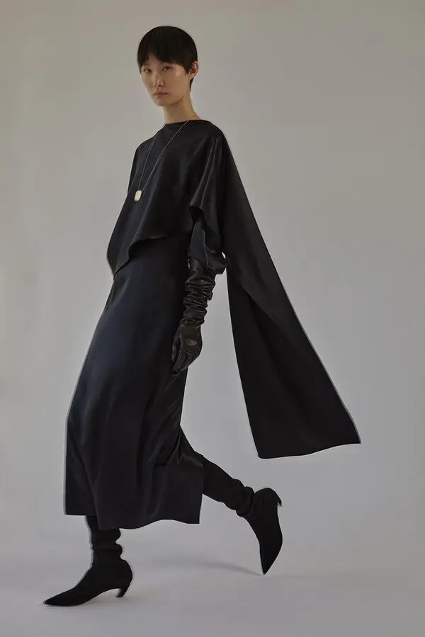 HEIRLOME Carmen Dress In Silk Satin With Asymmetrical Cape