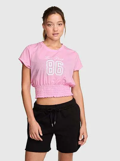 Pink Mesh Smocked-hem Tee - Pink