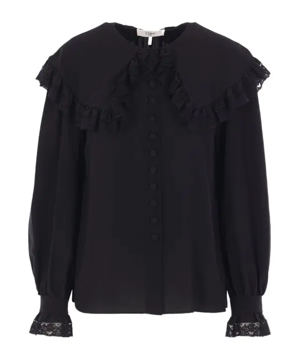 Chloé Oversized Collar Lace-detailed Blouse - Black